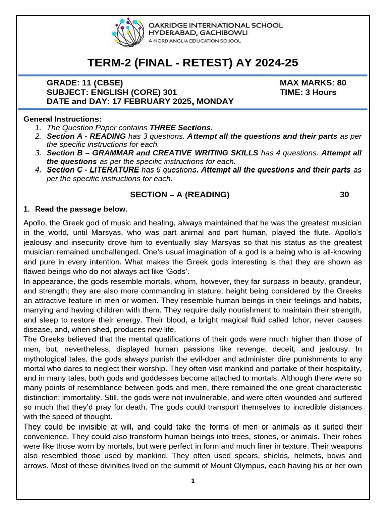 Cbse Grade 11 Term-2 English Qp | PDF | Apollo | Deities