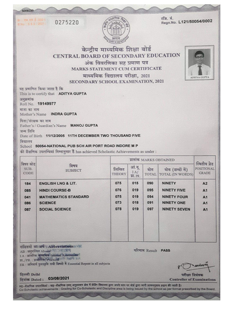 10th Marksheet (1) ADITYA - Compressed | PDF