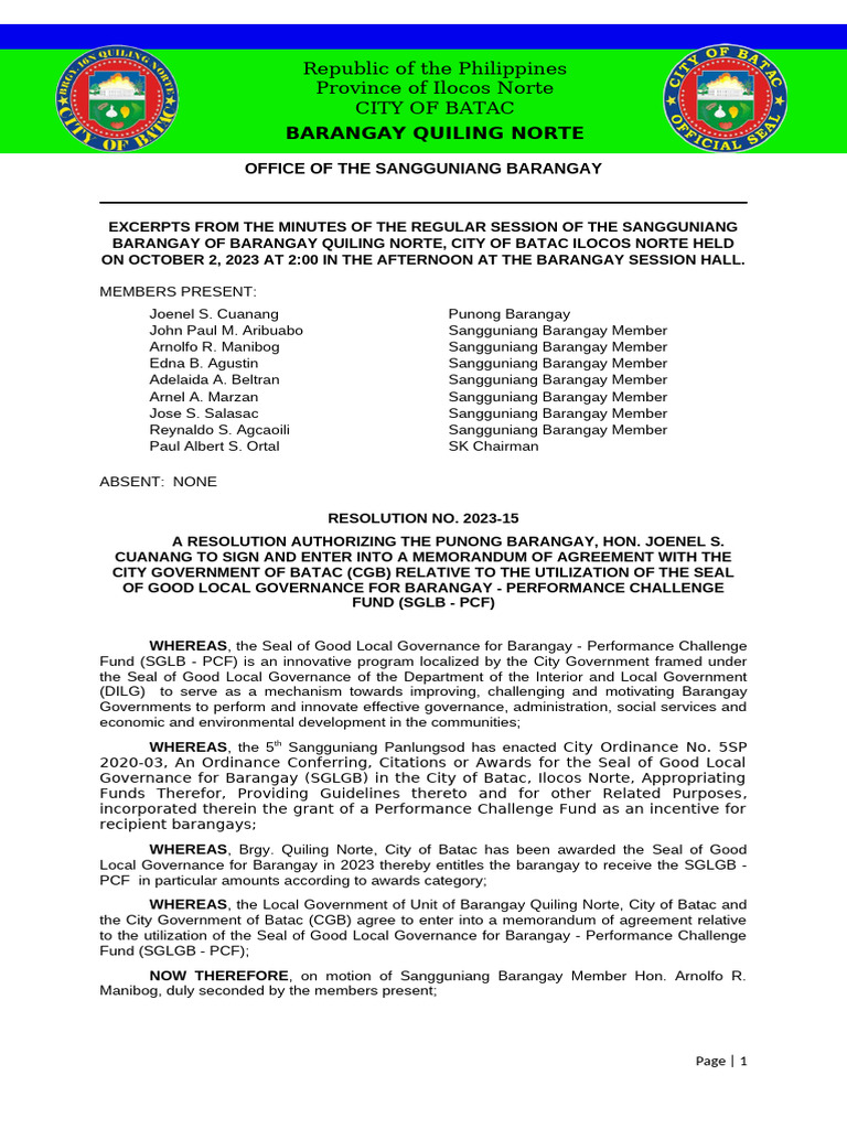 2023 BARANGAY RESOLUTION NO. 2023-15 - PB Enter To MOA With CGB - SGLGB ...