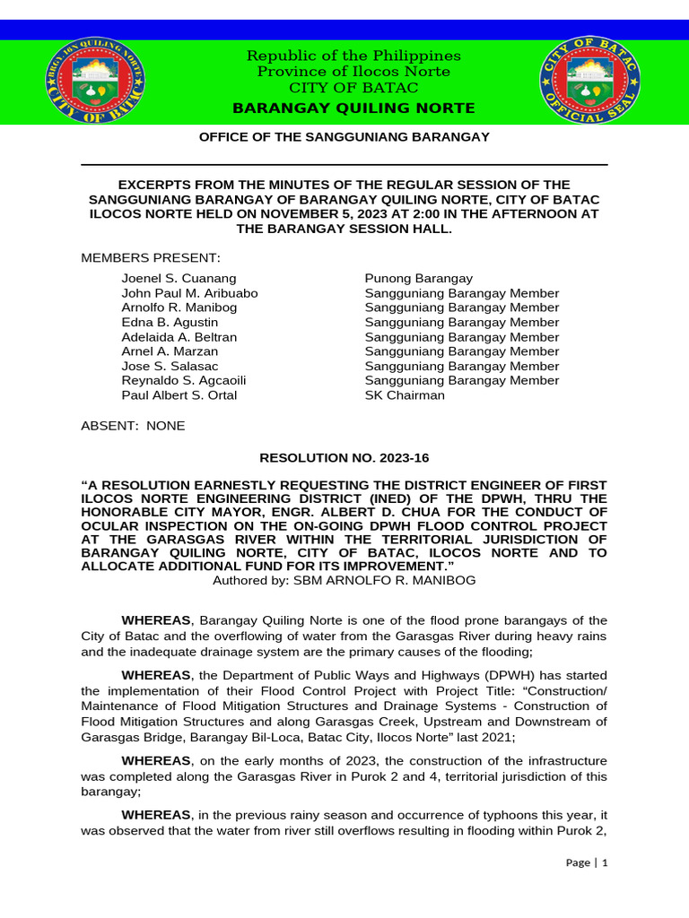 2023 BARANGAY RESOLUTION NO. 2023-16 - Resolution Requesting DPWH To Re-Construct Additional ...