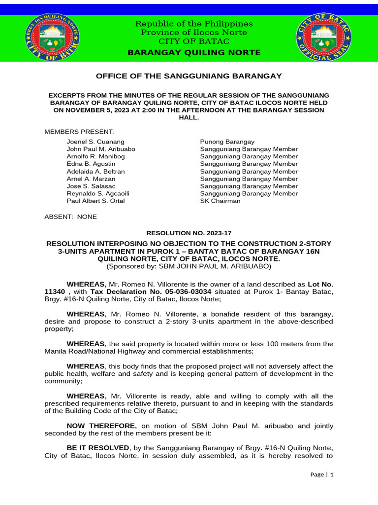 2023 BARANGAY RESOLUTION NO. 2023-17 - Resolution Interposing No-Objection To The Proposed ...