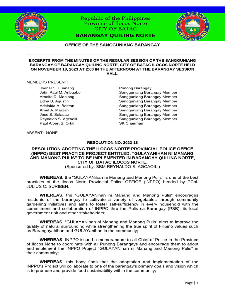 Barangay Quiling Norte Resolution 2023 | PDF