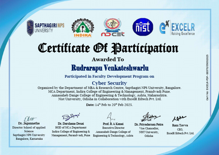 ExcelR Cyber Security FDP Certificate | PDF