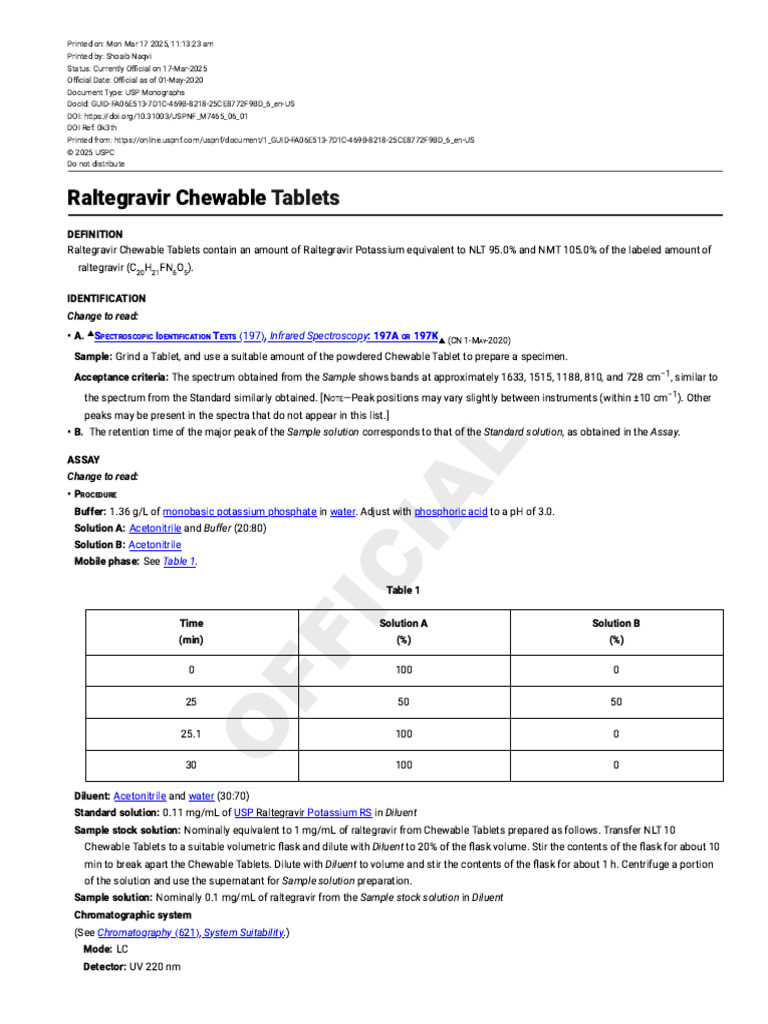 Raltegravir Chewable Tablets USP Monograph | PDF | Chromatography ...