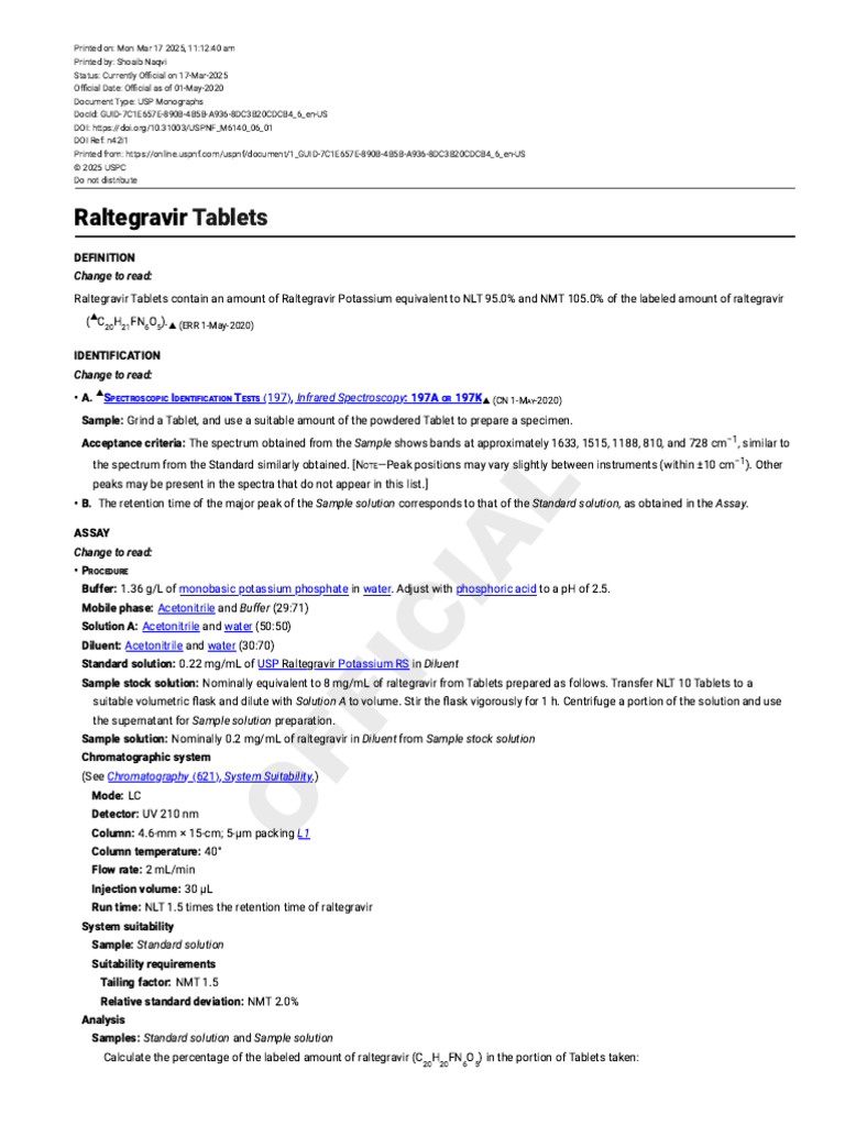 Raltegravir Tablets USP Monograph | PDF | Chromatography | Physical ...
