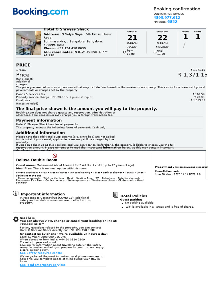 Confirmation | PDF | Fee | Booking.Com