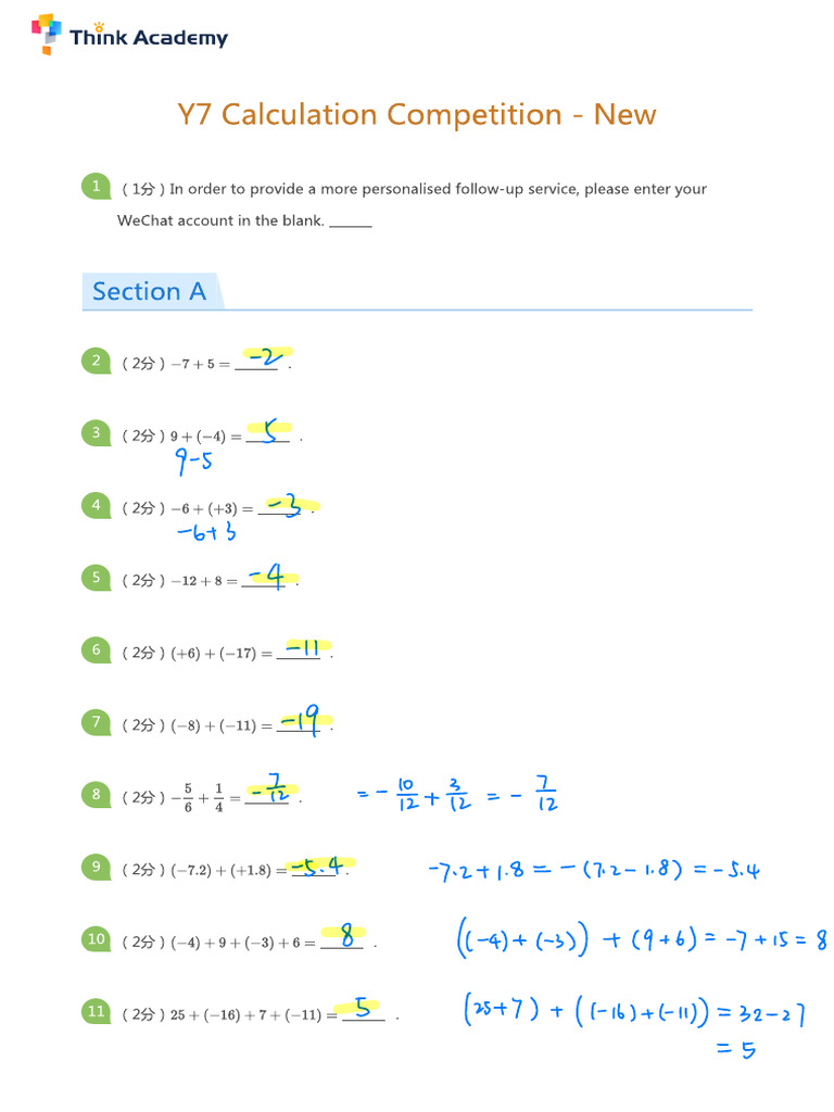 Y7 Calculation Competition Solutions | PDF