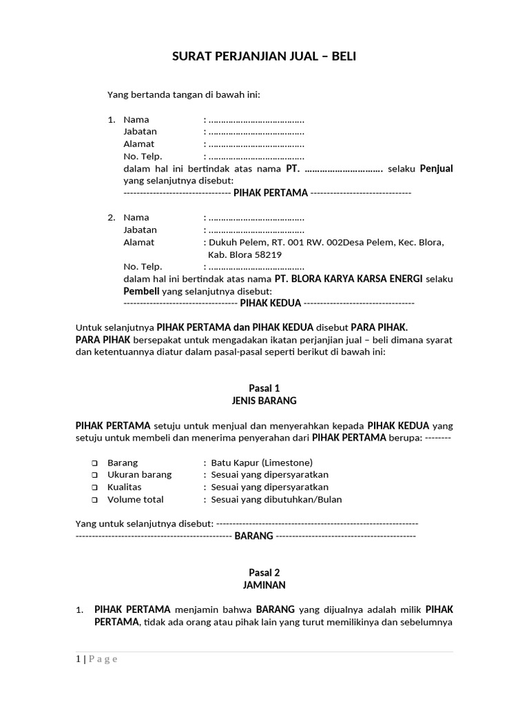 Surat Perjanjian Jual Beli Batu Kapur | PDF