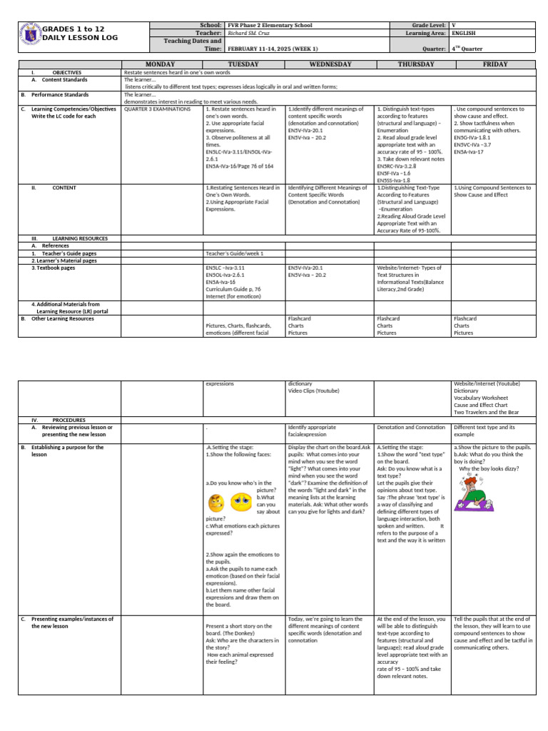 Grade 5 DLL English 5 Q4 Week 1 | PDF | Learning | Human Communication