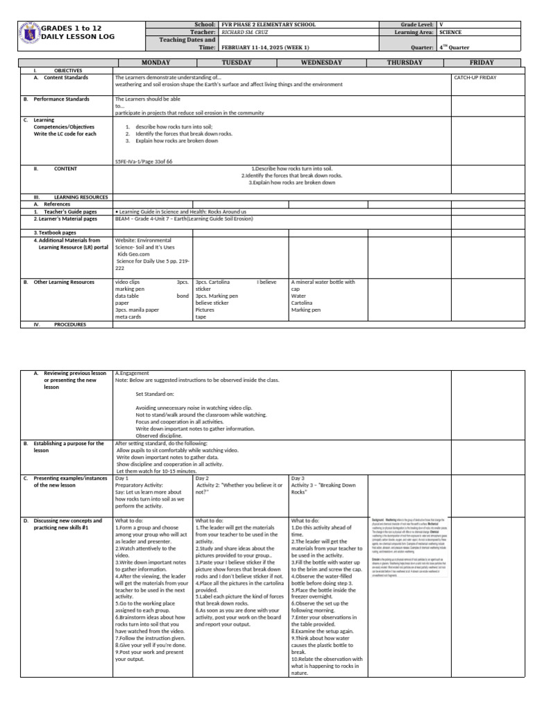 Grade 5 DLL SCIENCE 5 Q4 Week 1 | PDF | Teachers | Soil