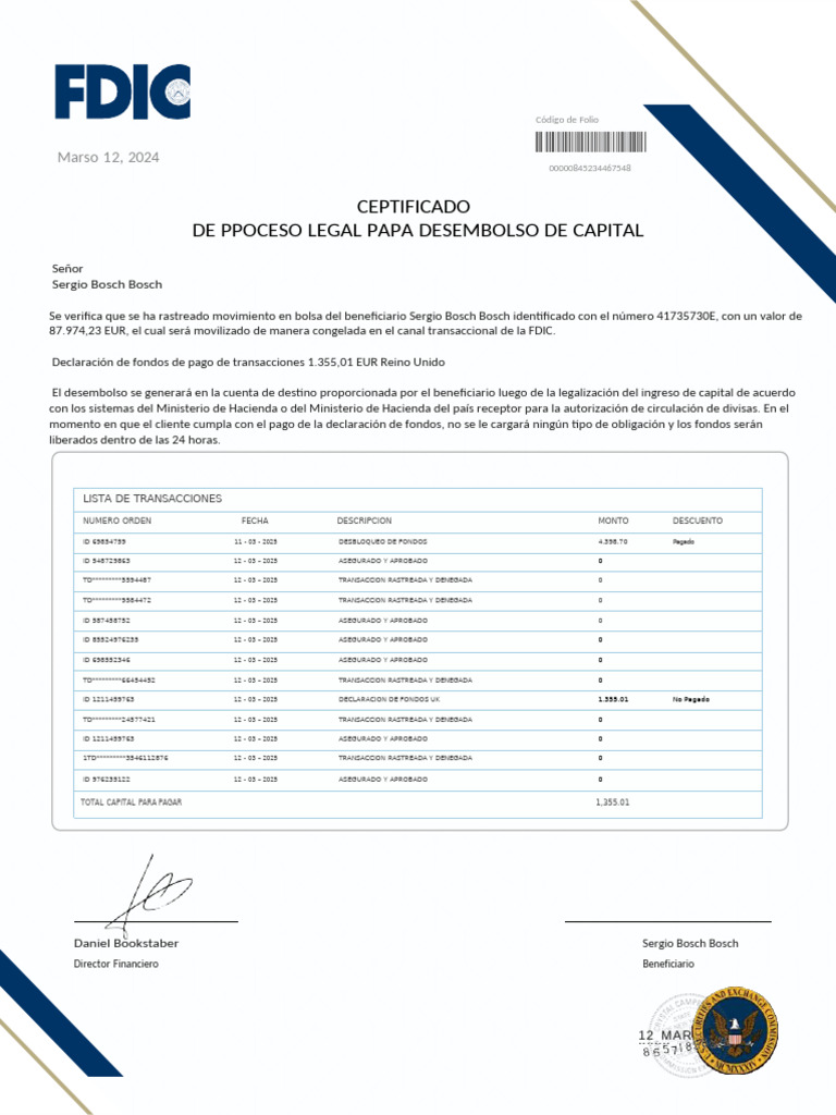 CERTIFICADO FDIC - Carlos Muñoz Morcillo - 385A5516T | PDF | Economias | Mercados financieros