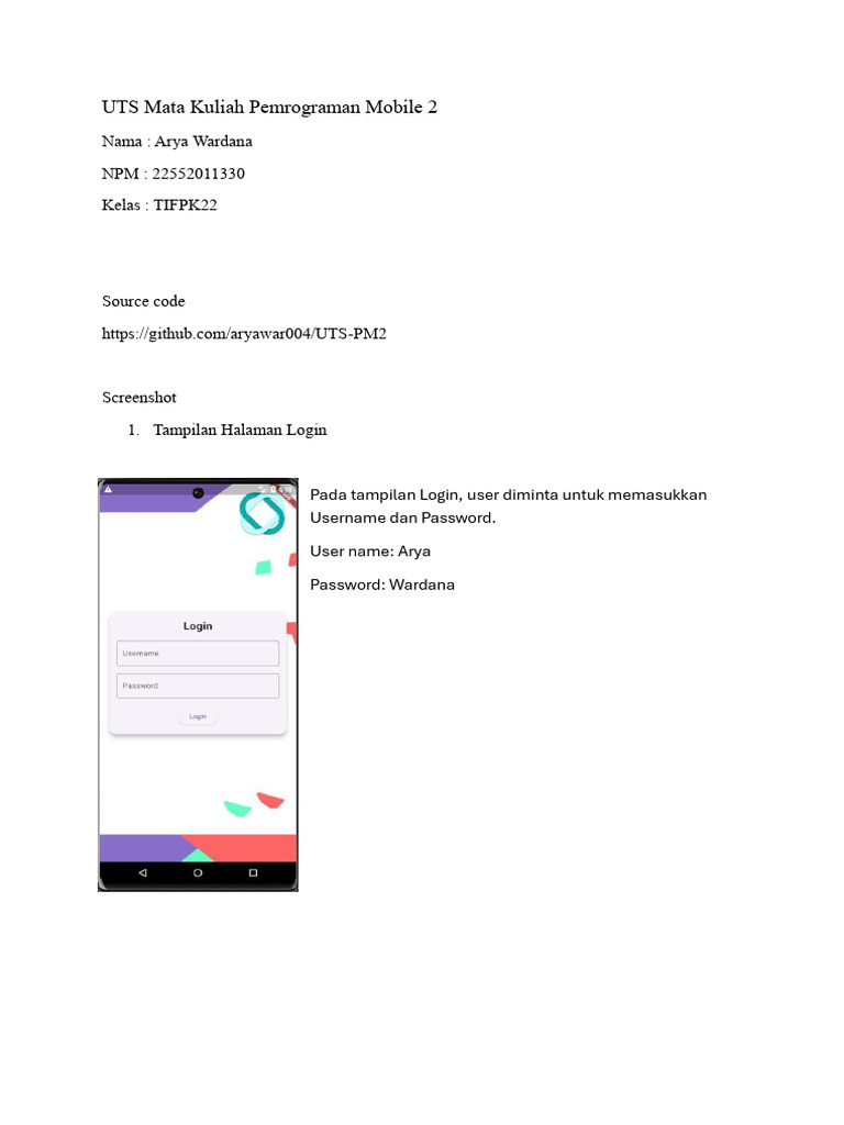Tugas 1 Mata Kuliah Pemrograman Mobile 2 Arya Wardana - TIFPK22-1 | PDF