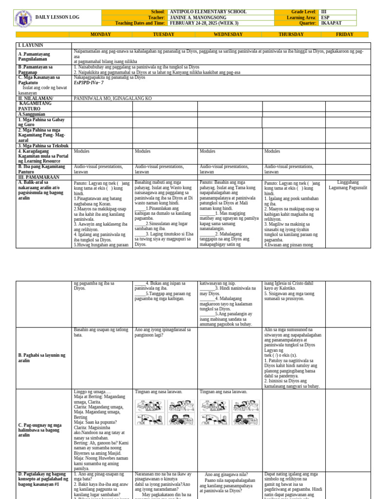 DLL - ESP 3 - Q4 - W3 - Nakapagpapakita NG Pananalig Sa Diyos @edumaymay@lauramos | PDF