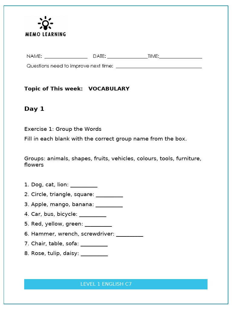 Level 1 English C7 Vocabulary Print With Test Pdf Duck
