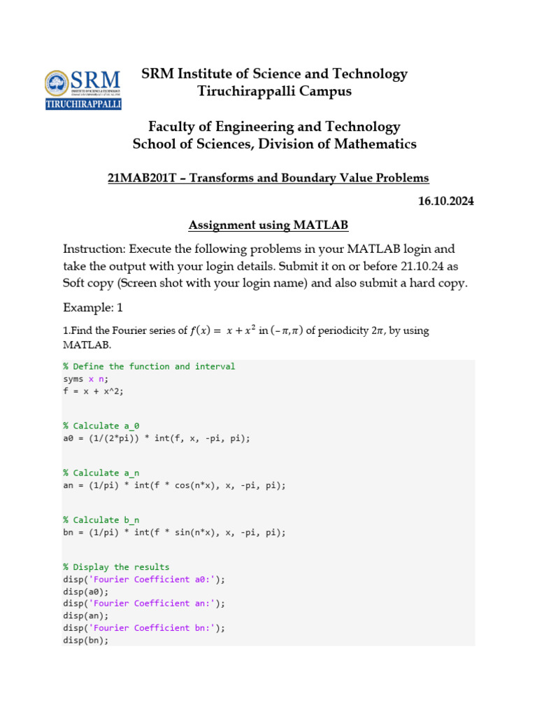 MATLAB Assignment-Fourier Series and Fourier Transforms | PDF | Fourier Transform | Spectral Density