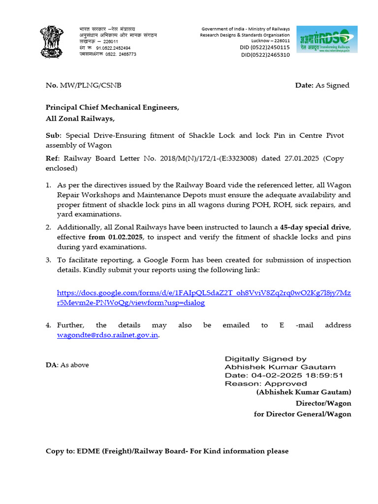 RDSO - LTR - PCME - Special Drive - Shackle Lock Fitment | PDF