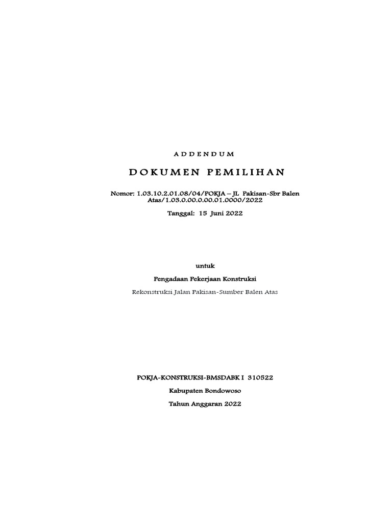 Addendum DOKUMEN PEMILIHAN JALAN Pakisan-Sbr Balen Atas - | PDF