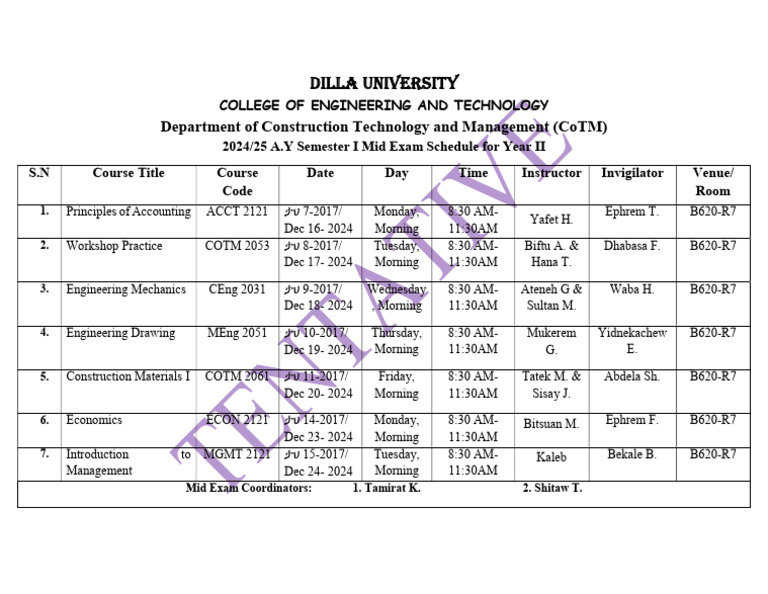 CoTM 2nd Year Tentative Mid Exam Schedule | PDF