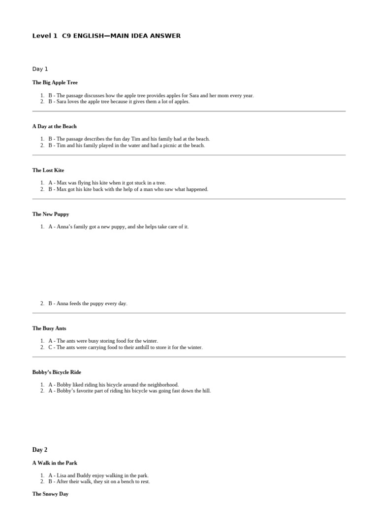 Main Idea Answers for Level 1 C9 English | PDF