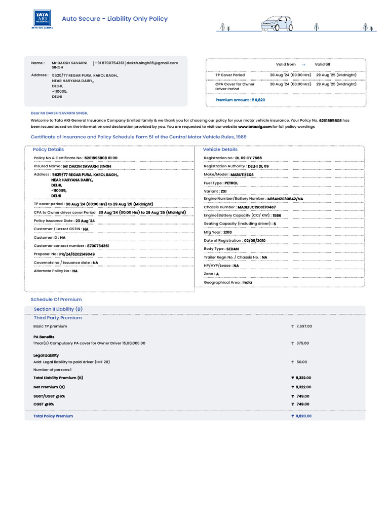 Tata AIG Motor Policy Schedule_3184_6201895808 | PDF | Insurance | Receipt