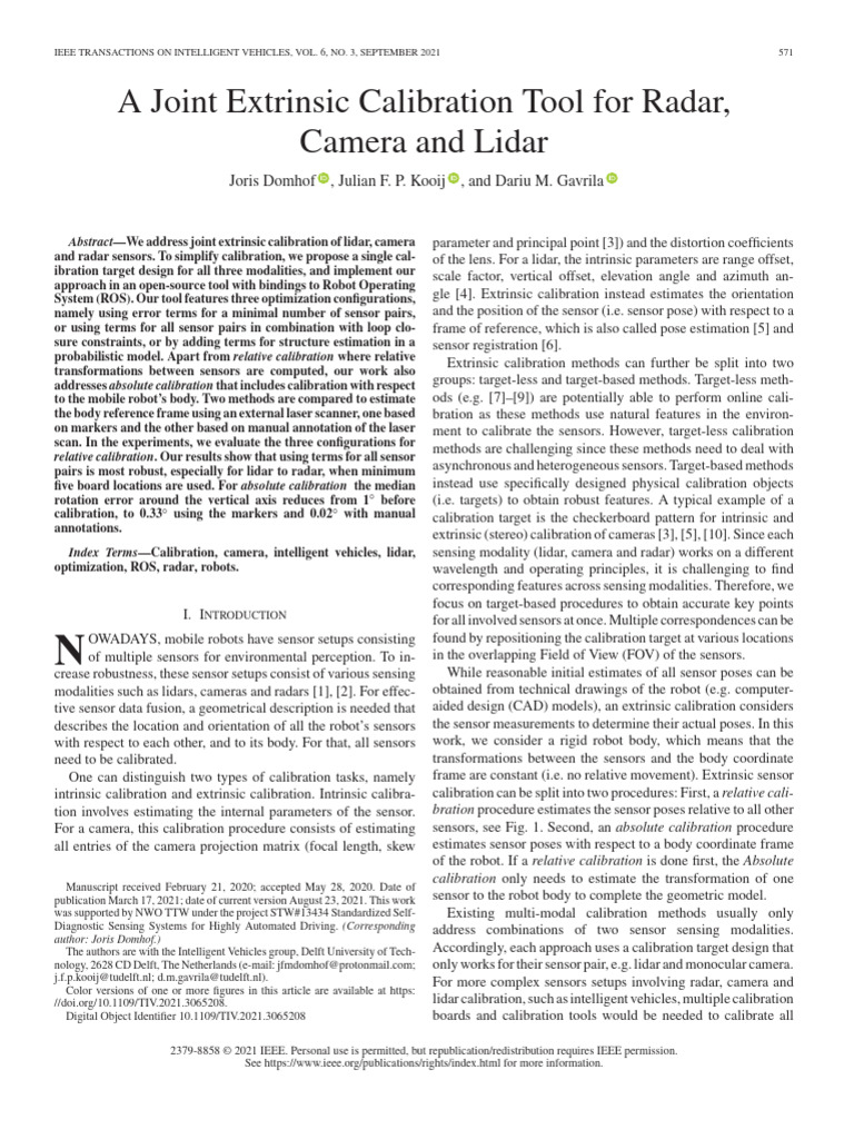 A Joint Extrinsic Calibration Tool for Radar, Camera and Lidar_2021_Domhof 等 | PDF | Lidar