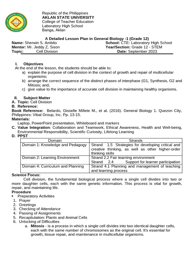 Cell Division DLP For Avhs | PDF | Cell Cycle | Cell Growth