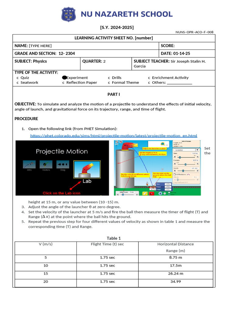 Physics Projectile Motion Activity Sheet | PDF | Drag (Physics ...