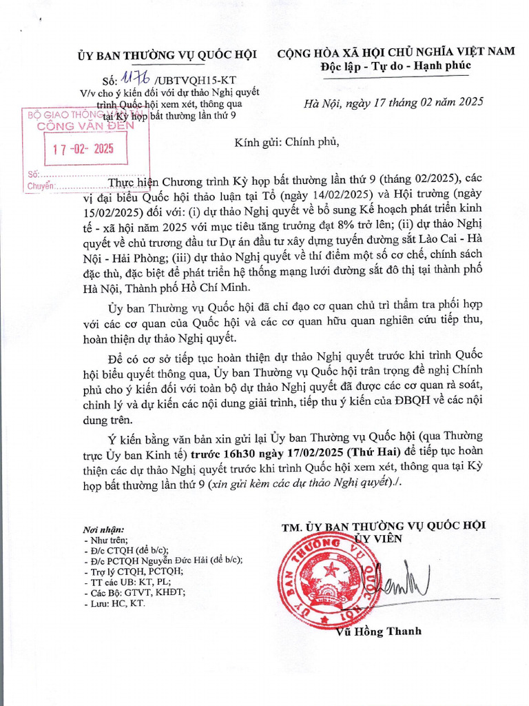 CV 1176-2025-UBTVQH15 dự thảo các NQ về đg sắt | PDF