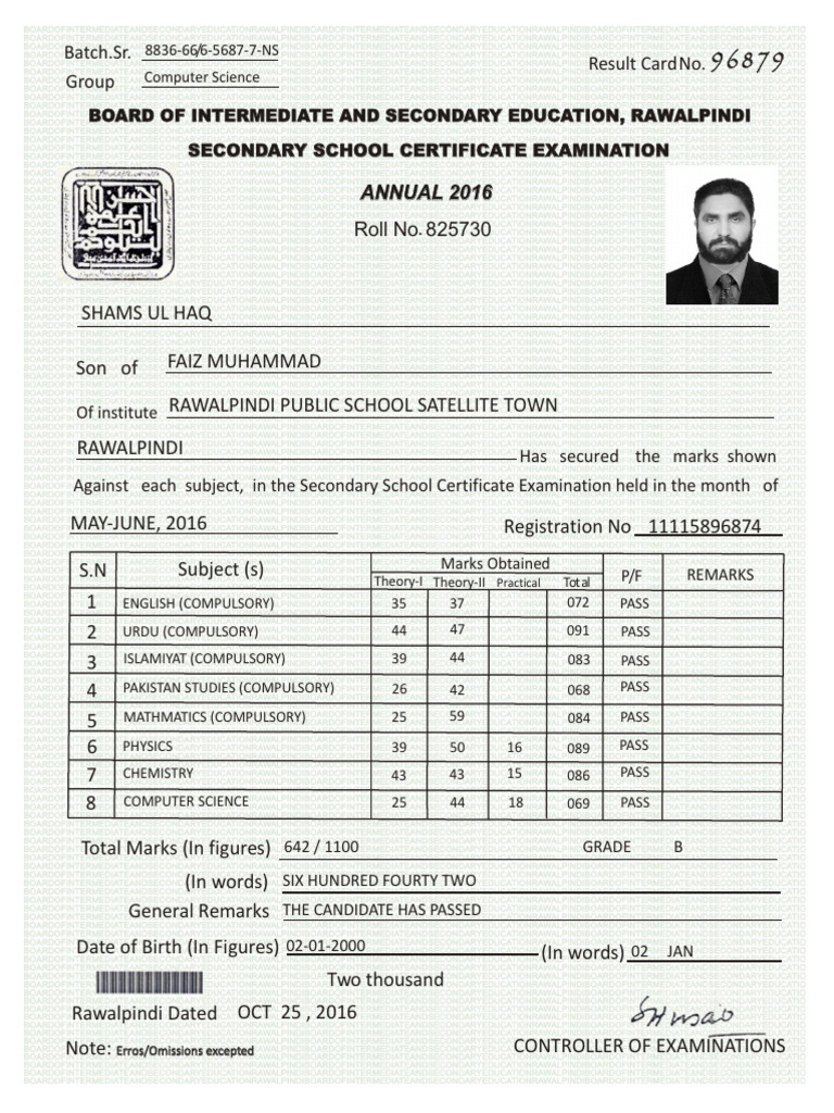 Shams Ul Haq Result Card | PDF