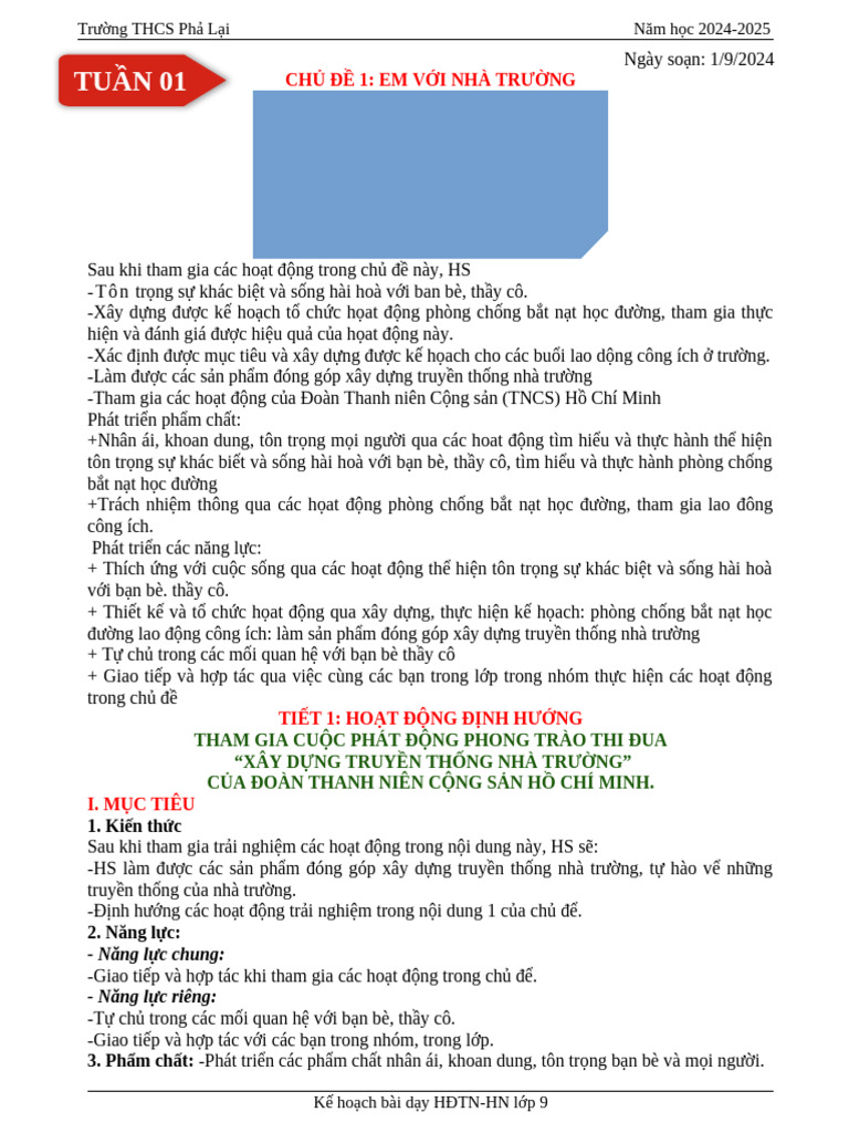 Tuần 1 KHBD HĐTN-HN 9 | PDF