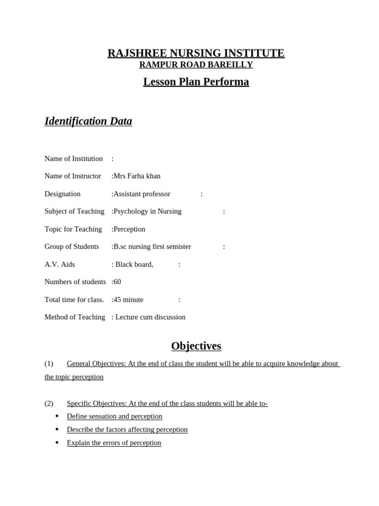 perception lesson plan | PDF | Perception | Senses