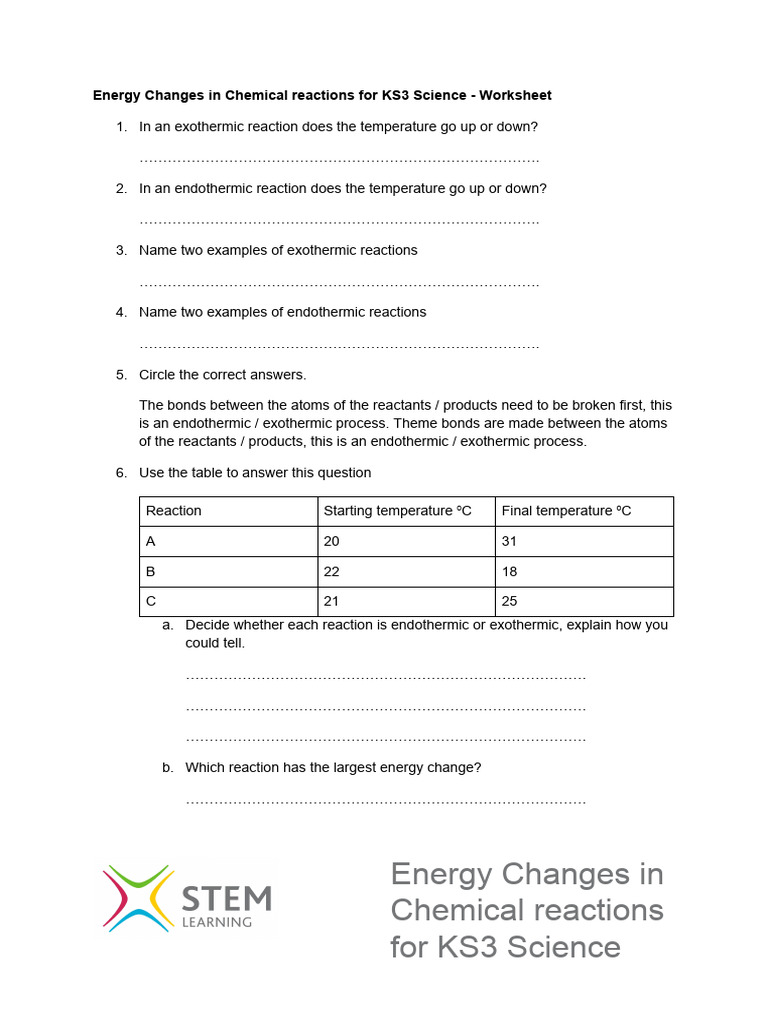 Worksheet Energy Changes Chemical Reactions Ks3 | PDF | Chemical ...