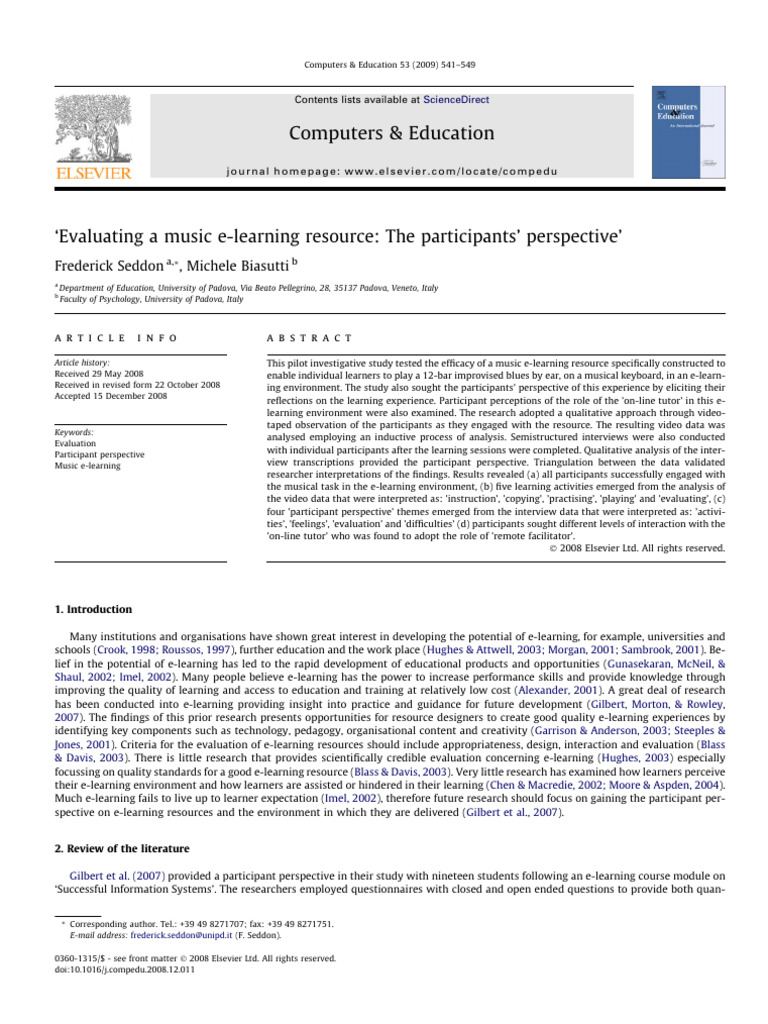 Evaluating A Music e Learning Resource The Participants Perspective - 2009 - Computers Education ...