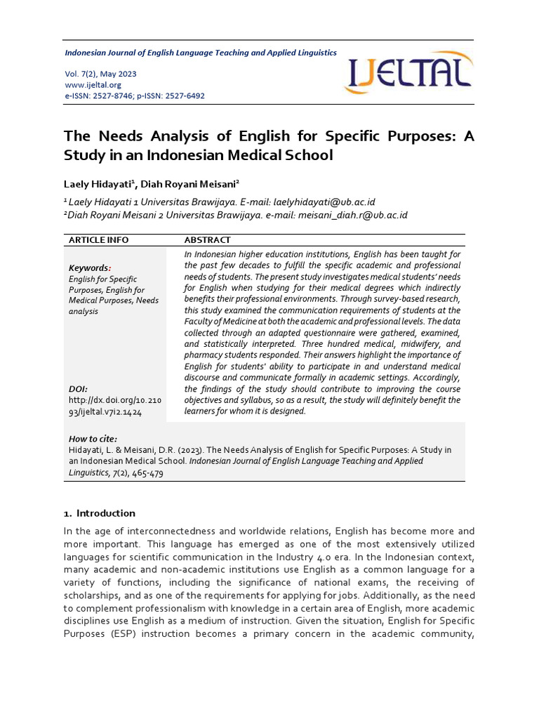 Needs Analysis for Medical English Courses | PDF | Educational ...