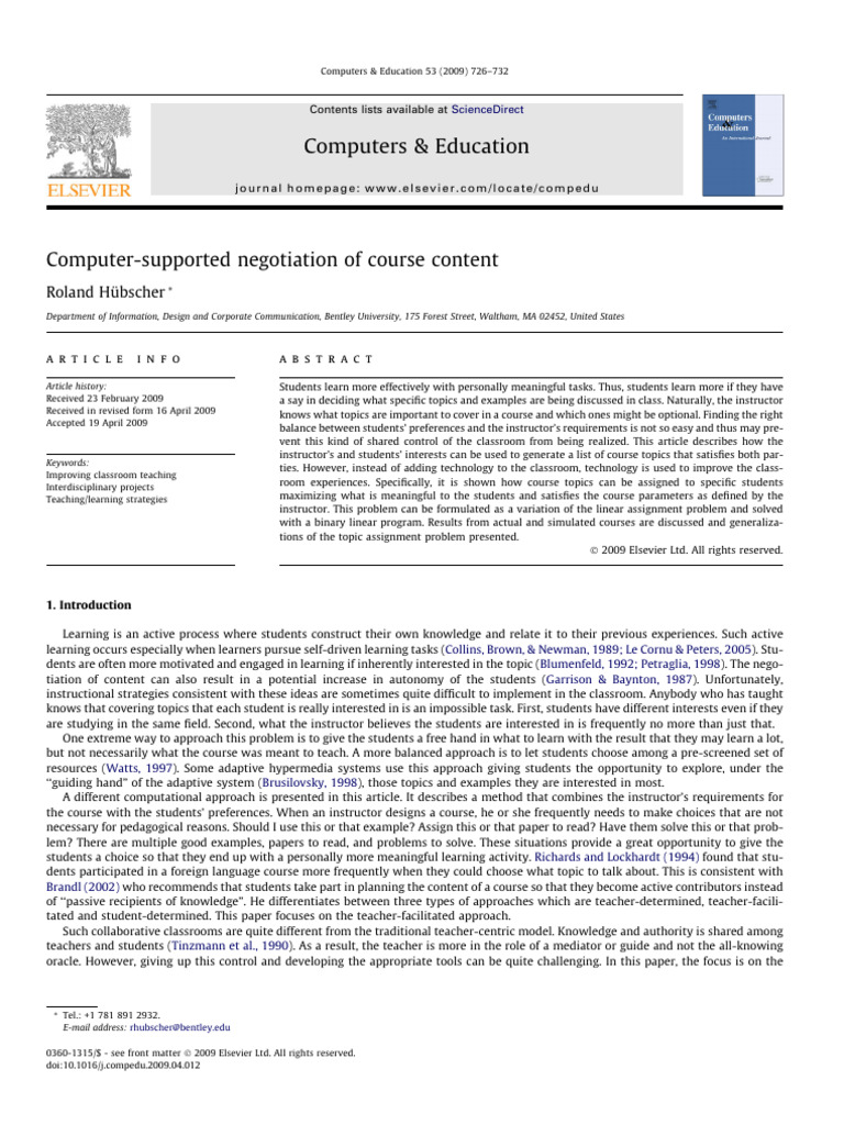 Computer Supported Negotiation of Course Content 2009 Computers Education | PDF | Linear ...