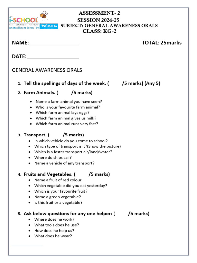 KG-2 General Awareness Orals | PDF
