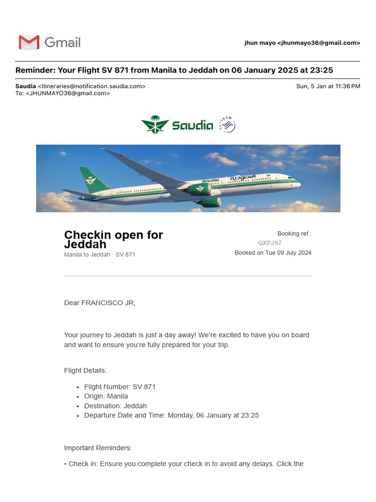 Reminder - Your Flight SV 871 From Manila To Jeddah On 06 January 2025 at 23-25 | PDF | Aviation ...