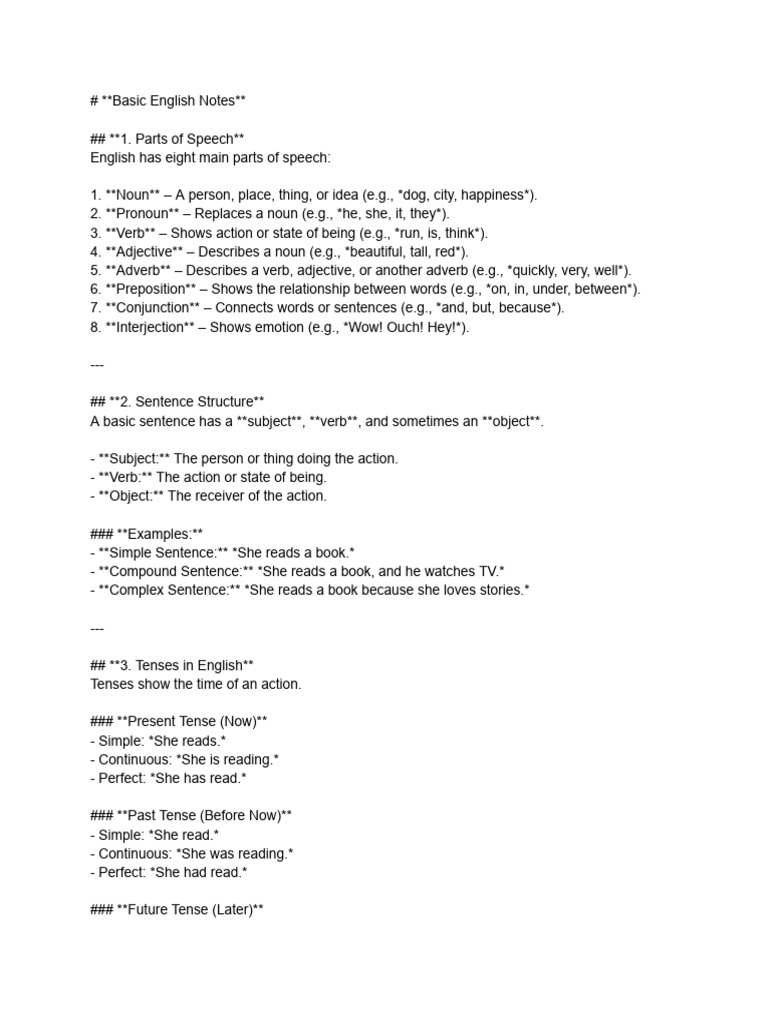 Basic English Tenses Notes | PDF