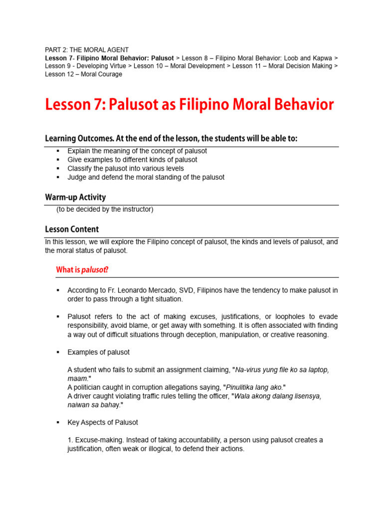 Lesson 7 Palusot As Filipino Moral Behavior | PDF | Corruption | Dishonesty