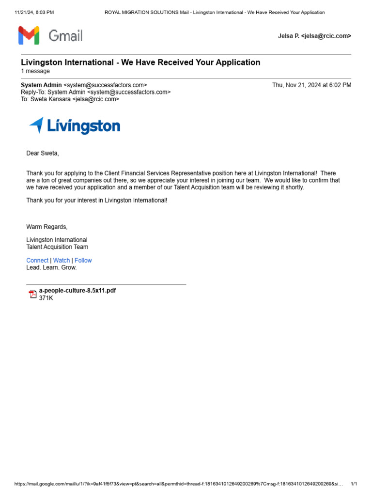 Application Confirmation from Livingston | PDF