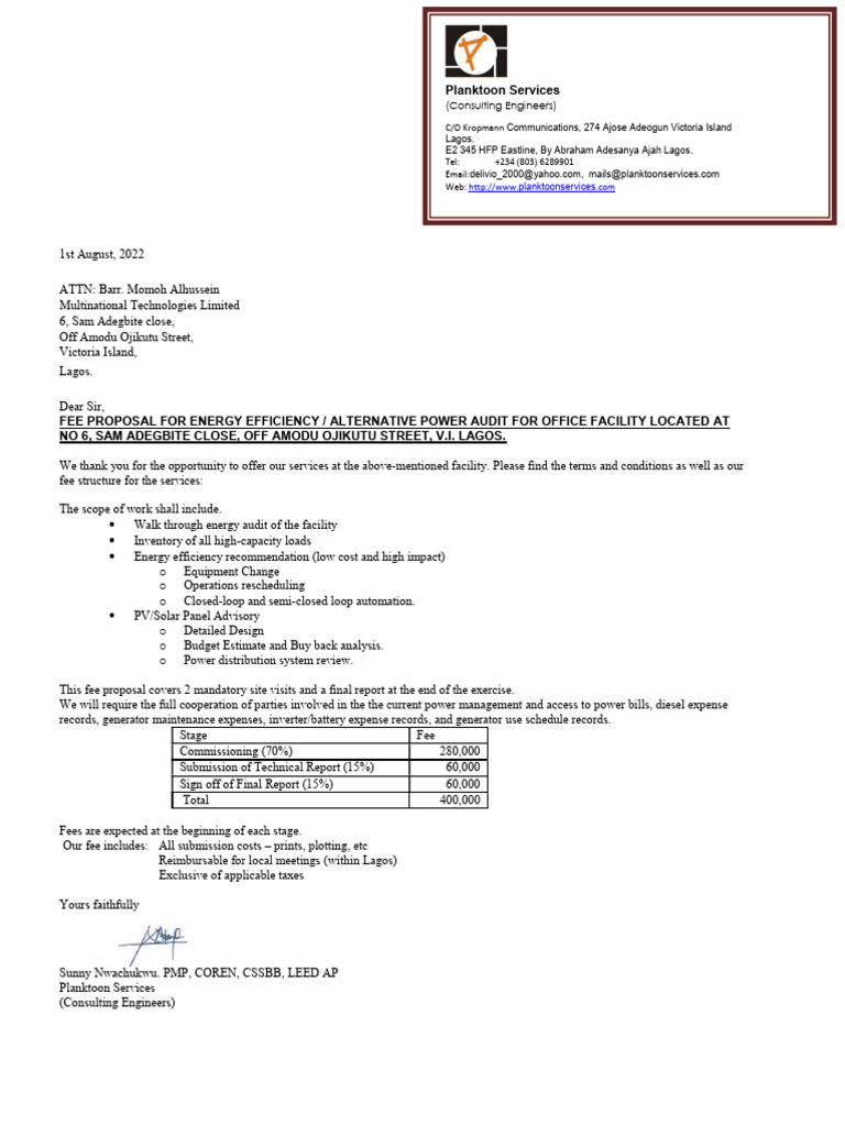 Energy Audit Proposal MNT | PDF | Renewable Resources | Sustainable Energy