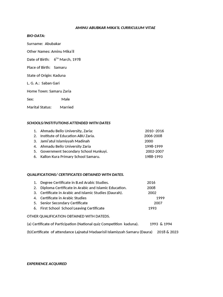 Aminu Abubakar Mika'Il Curriculum Vitae | PDF