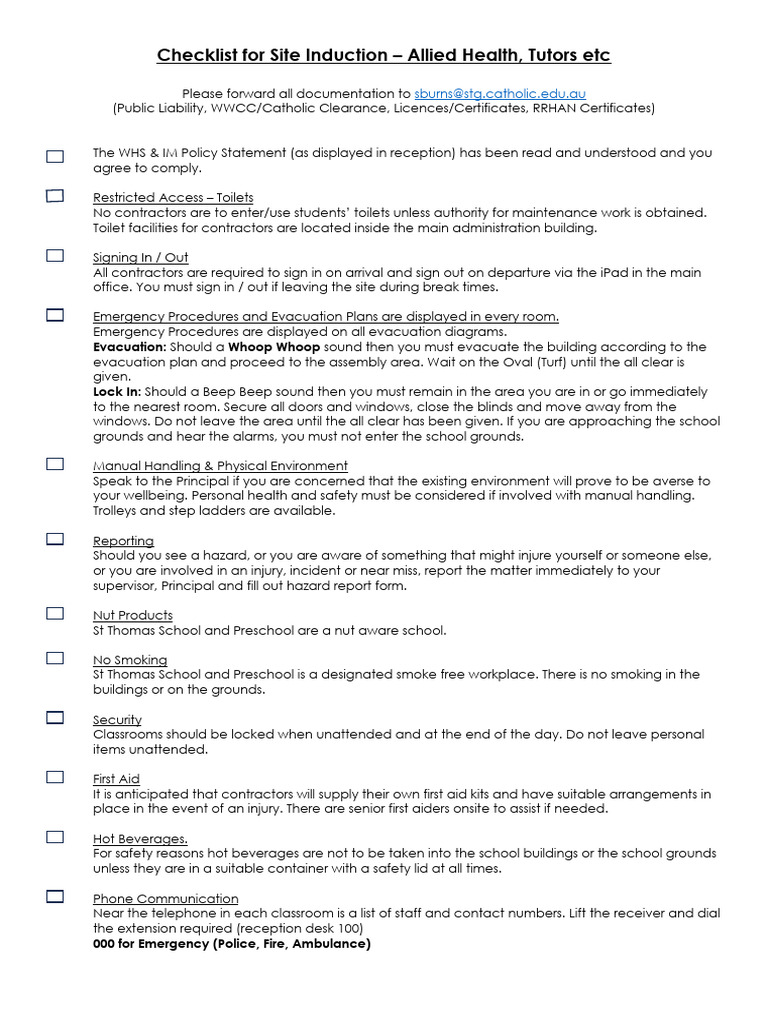 Site Induction Checklist for Contractors | PDF | First Aid | Safety