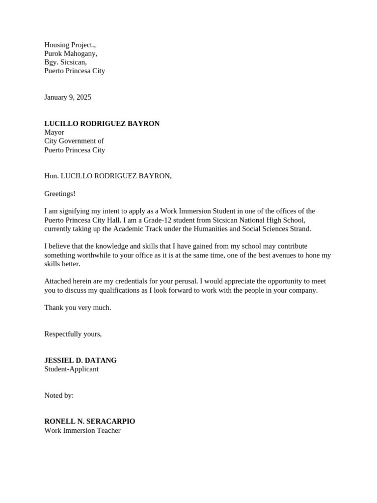 Application Letter - Work Immersion Template With Labels | PDF