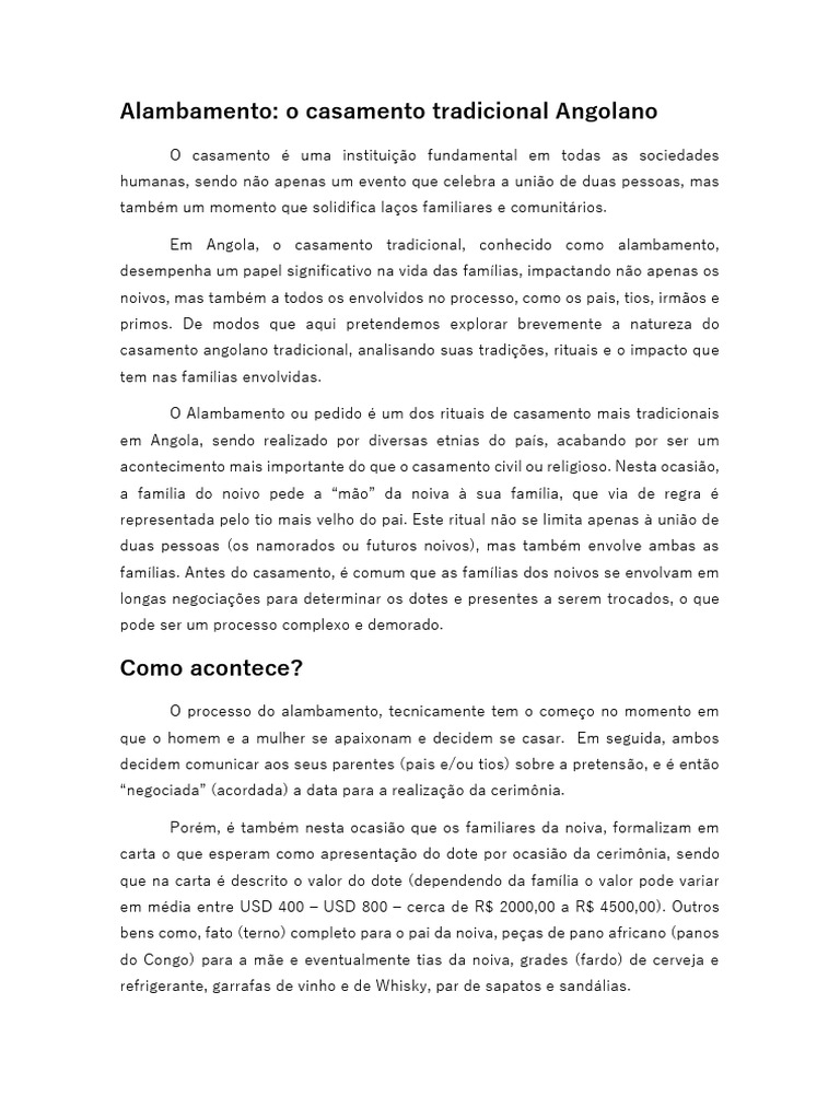 Alambamento o casamento tradicional Angolano | PDF | Família | Casamento