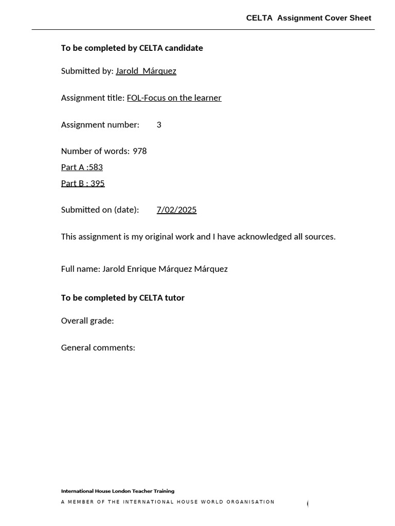 CELTA - FOL-Focus On The Learner | PDF | Grammatical Tense | Learning