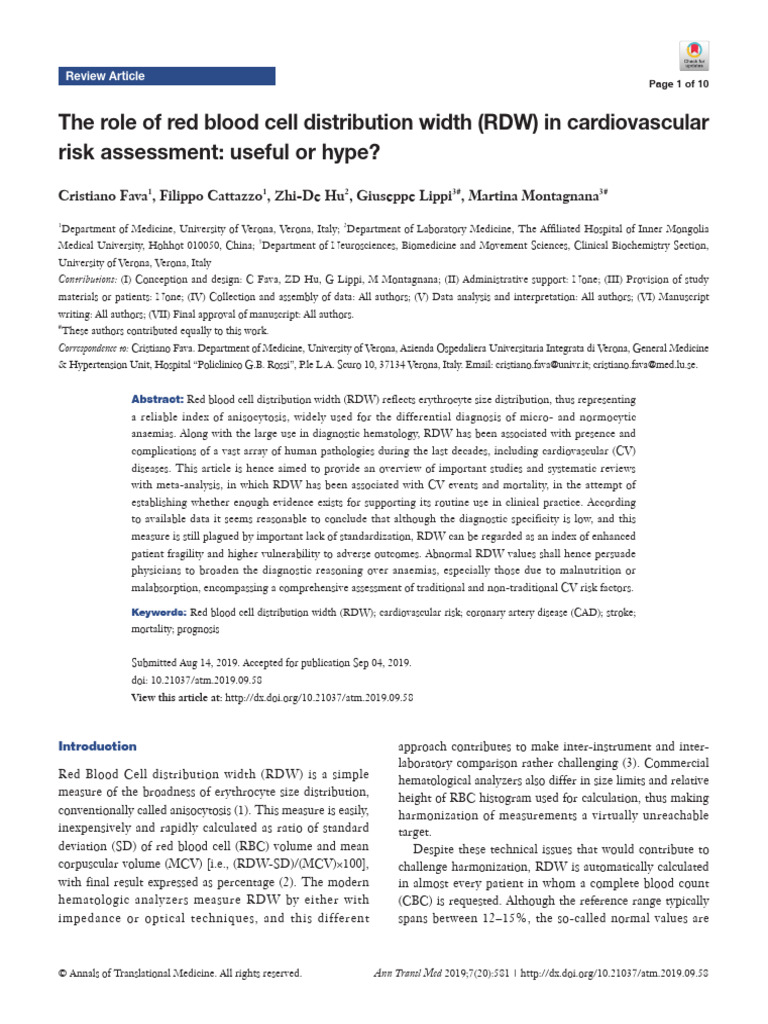 The Role of Red Blood Cell Distribution Width (RDW) in Cardiovascular ...