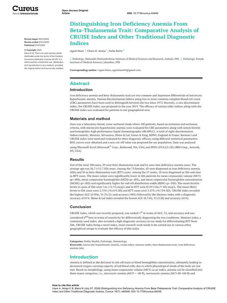 Distinguishing Iron Deficiency Anemia From Beta-Thalassemia Trait ...