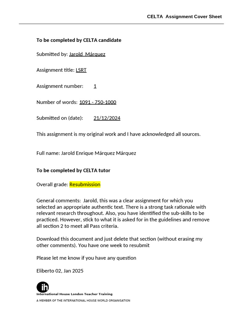 CELTA_LANGUAGE SKILL RELATED TASK (1).docx resubmition | PDF | Learning ...