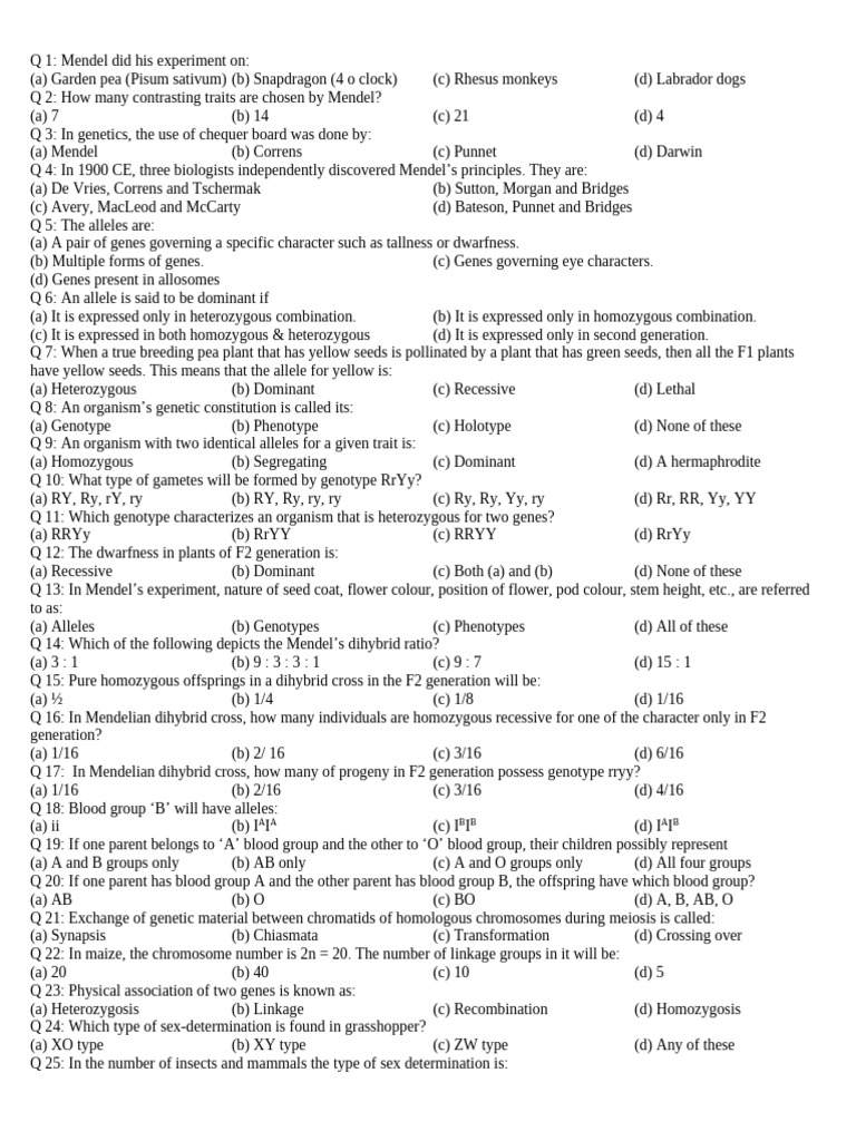 Class 12 Genetics Quiz Questions | PDF | Dominance (Genetics) | Zygosity